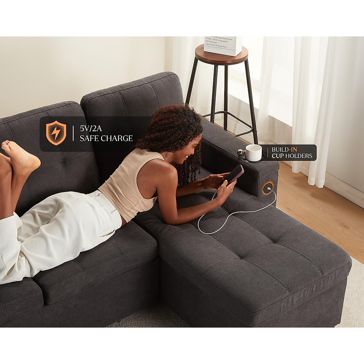 VanAcc Sofa Bed, Sleeper Sofa with USB Charging Ports, L-Shaped Couch with Storage, Pull Out Couch for Living Room, Grey Linen