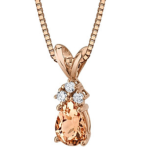 PEORA 14K Rose Gold Morganite and Diamond Pendant for Women, Genuine Gemstone Dainty Teardrop Solitaire, Pear Shape, 7x5mm