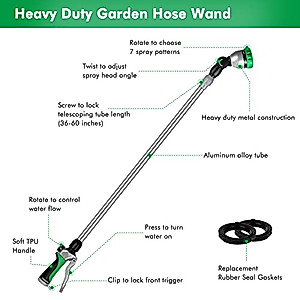 RESTMO 36”-60” (3ft-5ft) Metal Watering Wand, Long Telescopic Tube | 180° Adjustable Ratcheting Head | 7 Spray Patterns | Flow Control, Perfect Garden Hose Sprayer to Water Hanging Baskets, Shrubs