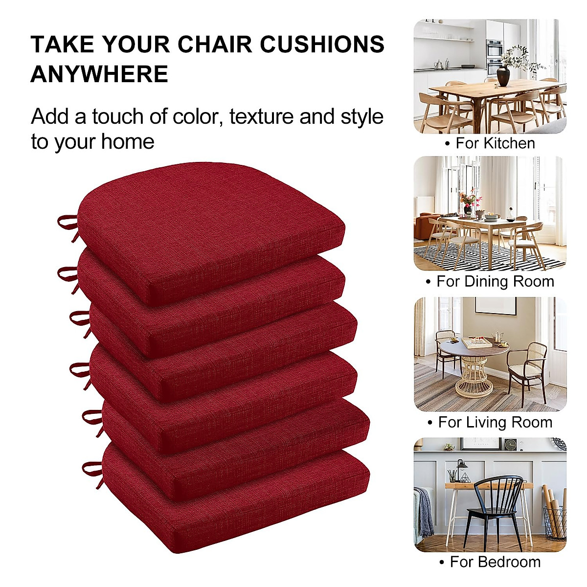 Wellsin Chair Cushions for Dining Chairs 6 Pack - Kitchen Chair Cushions with Ties and Non-Slip Backing - Dining Chair Pads 16"X16"X2", Red