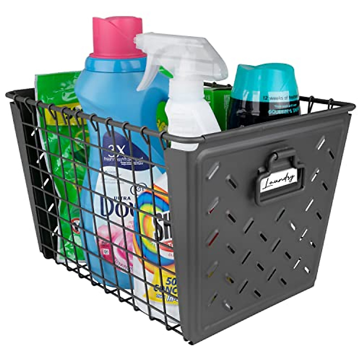 Spectrum Diversified Macklin, Stamped Steel & Wire Basket for Closet & Cubby Storage Vintage-Inspired Design with Customizable Label Plate, Medium, Industrial Gray