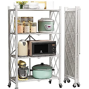 VOLPONE Metal Storage Shelves with Wheels Foldable Garage Shelving No Assembly Shelving Unit for Kitchen Bathroom White 4 Tier