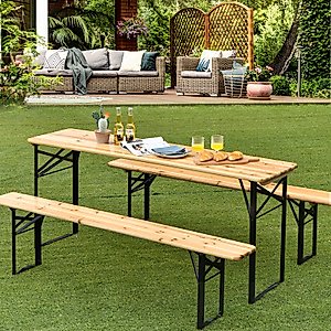 LDAILY Moccha 3 Pieces Fir Wood Dining Set Furniture, 70” Rustic Patio Wooden Table and Benches for Garden Porch Balcony Deck, Foldable Camping Party Picnic Table Set