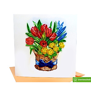 Mixed Flower basket, Quilling Card 3D,Unique Dedicated Handmade, Design Greeting Card for Birthday, Valentine's Day, Mothers Day, Spring, Fathers Day, Graduation, Wedding, All Occasion,6"x6"