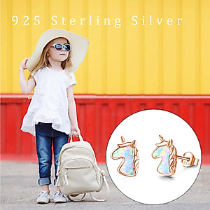 JUSTKIDSTOY Unicorn Stud Earrings for Girls S925 Sterling Silver Hypoallergenic Created Opal Earrings Cute Birthday Gift for Women Daughter
