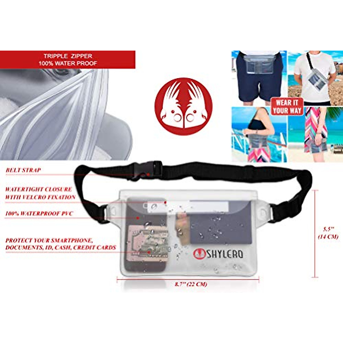 SHYLERO Beach Bag and Pool Bag. Has Airtight Pouch, Key Holder. Beach Tote is Zippered, Waterproof (IP64) - L22xH15xW6