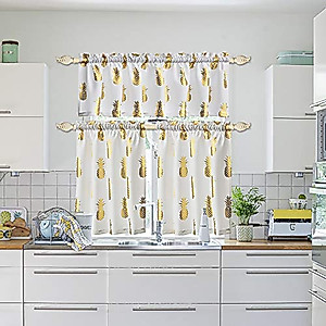 OREMILA Kitchen Curtains 36 Inch Tier Curtains for Living Room Pineapple Cafe Curtains for Bathroom Metallic Print Golden Pineapple Short Window Curtain Set Rod Pocket, 2 Panels