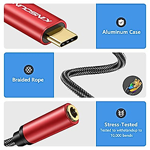 Kinsound USB Type C to 3.5mm Headphone Jack Adapter, 32bit Hi-Res Sound Quality, USB C to Audio Adapter Compatible with Samsung Galaxy S22/S21/S20 Plus,Pixel 6/5/4, iPad Pro, OnePlus,Motorola, Red