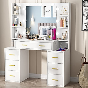 PAKASEPT Vanity Set with Lighted Mirror, 43'' Makeup Vanity with Charging Station, Vanity Desk with 9PCS LED Bulb, Storage Shelves, 7 Drawers for Bedroom(No Stool)