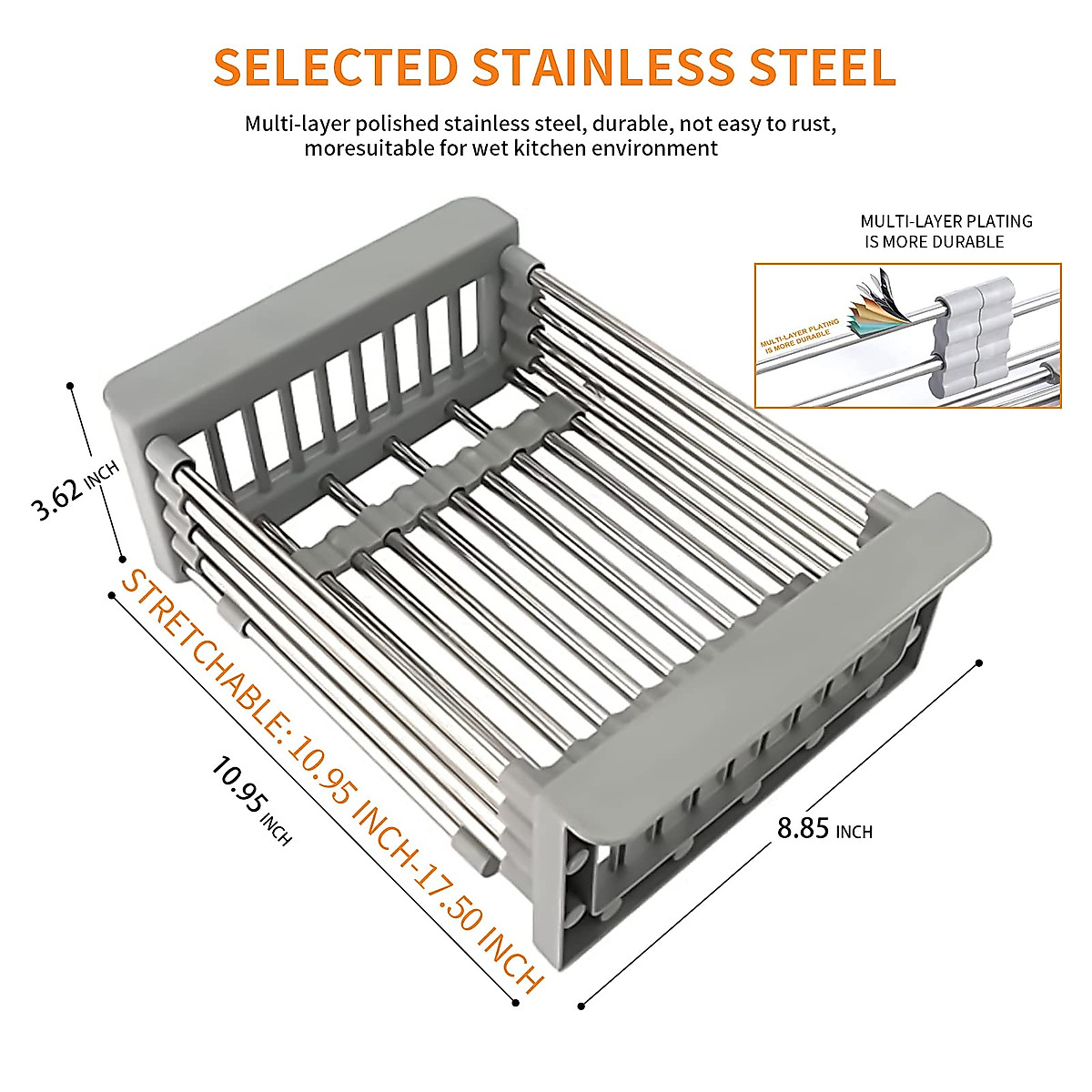 MSAAEX Expandable Dish Drying Rack, Over Sink Dish Drying Rack , Draining Dishes & Fruit Drain- Rustproof Stainless Steel for Kitchen, Rugged Sink Drain Rack (Gray)