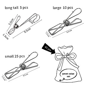 40pcs Heavy Duty Stainless Steel Clothes Pins Set(Long-Tail x5 Large x10 Small x25) - Outdoor Backdrop Clips, Chip Clips, Clothes Pin for Hanging Clothes