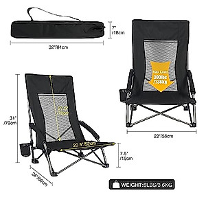 REDCAMP High Back Beach Chairs for Adults, Oversided Folding Low Beach Chairs for Concerts, Lightweight Portable for Camping Backpacking Outdoor Sports Events, Black