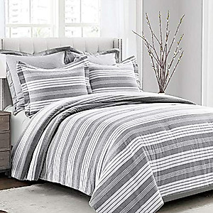 Lush Decor Gray and White Farmhouse Recycled Yarn-Dyed Cotton Stripe 5-Piece Comforter Set (Full/Queen)