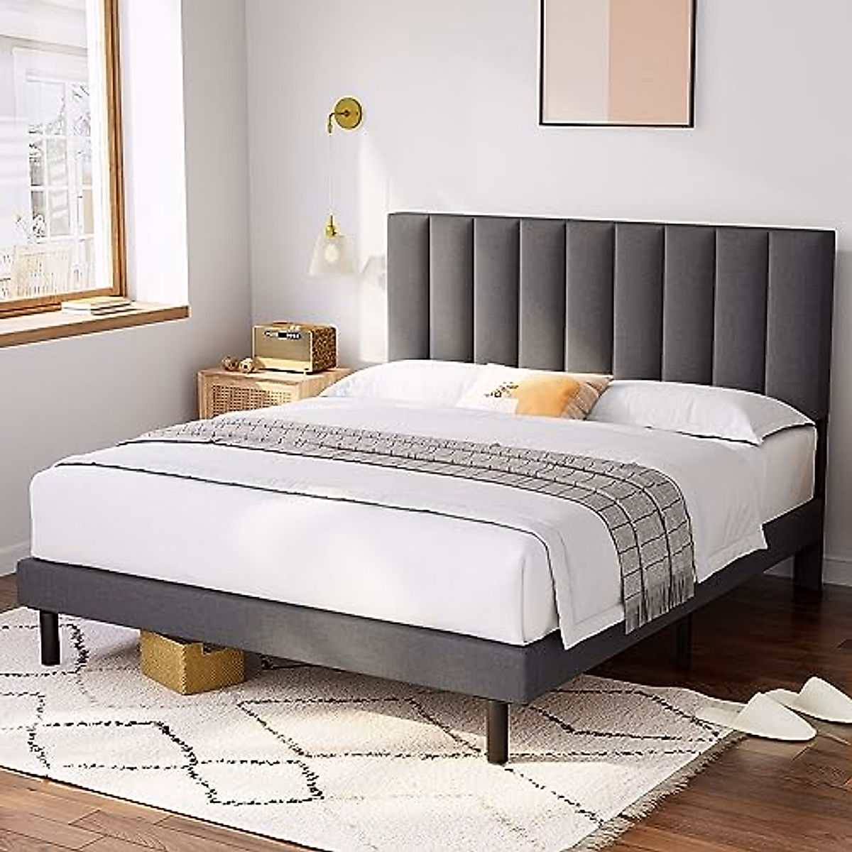 Molblly Dark Gray Full Bed Frame Platform with Headboard Slats