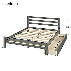 Lostcat Full Size Bed Frame with Storage and Headboard,Wood Slats Support,Solid Pinewood Bedframe, No Box Spring Needed,for Boys/Girls/Adult Bedroom,Gray