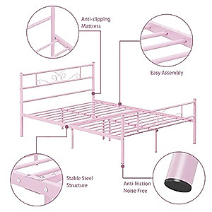Weehom Full Size Bed Frame with Headboard and Footboard Under Bed Storage Steel Slat Support Metal Bed No Box Spring Needed Easy to Assembly,Pink