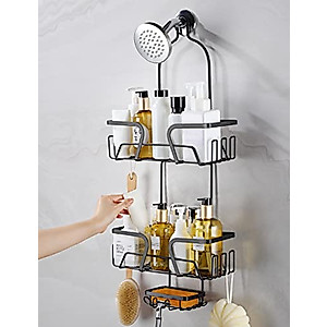 Taozun Shower Caddy Over Shower Head - Hanging Shower Caddy Rustproof Stainless Shower Organizer Hanging Storage Rack Basket with 6 Hooks for Soap and Sponge - Black