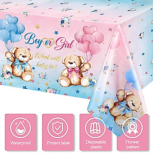 Capoda 3 Pcs Bear Baby Shower Tablecloths Bear Gender Reveal Table Covers Rectangle Plastic Bear Table Cloths for Bear Baby Shower Gender Reveal Party Decorations, 54 x 108 Inch, Blue Pink