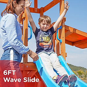 Dolphin Playground Wooden Swing Sets for Backyard with Sandbox, Outdoor Playset for Kids with 6FT Wave Slide, Rock Climbing Wall, 2 Belt Swings, and Fort, Heavy Duty Playground Accessories, Kids 2-10