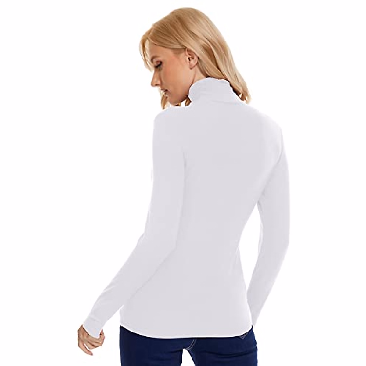 Mockneck Women White Long Sleeve Lightweight Ribbed Knit Pullover Athletic Slim T-Shirt White X-Large