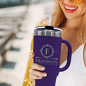 Custom Monogrammed 40 oz Tumbler with Handle, Lid and Straw - Personalized Insulated Stainless Steel Large Cup (Purple)