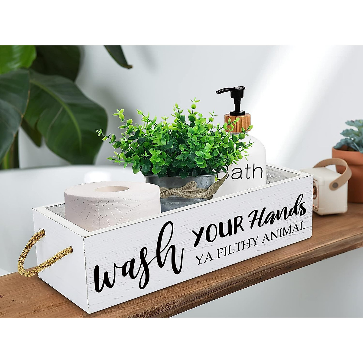 Msyueos Wash Your Hands Toilet Tank Basket Wooden Toilet Paper Basket Storage Box with 2 Sides Signs Toilet Basket Bathroom Decor Box Home Toilet Decor White Basket for Bathroom