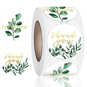 Thank You Label Sticker 1.5" Round, 500 Labels per Roll, Thank You Sticker for Birthday, Wedding, Gift, Bridal Shower Gold .The Poster Pattern is Two Different Leaves. Golden Font1