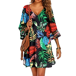 Ekouaer Women's Beach Coverups 3/4 Mesh Sleeve Bathing Suit Cover Ups Hawaiian Print Beach Dress Loose Fit Swimwear Beach Dress
