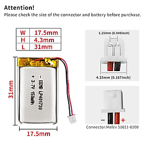 EEMB Lithium Polymer Battery 3.7V 150mAh 401730 Lipo Rechargeable Battery Pack with Wire Molex 1.25mm Connector for Speaker and Wireless Device- Confirm Device & Connector Polarity Before Purchase