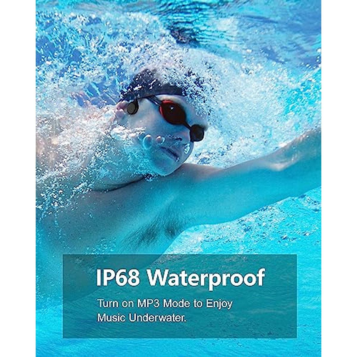 Bone Conduction Headphones Swimming, Built-in 32G Memory IP68 Waterproof Sports Headphones, Wireless Bluetooth 5.3 Open Ear Headphones with Earplug and Adjustment Straps for Swimming, Cycling, Running