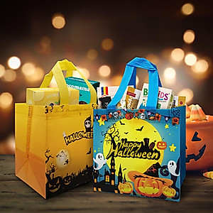 Maetrin Halloween Bags for Trick or Treat Bags, 12pcs Small Halloween Party Favors Gift Bags with Handles for Kids & Adult, Premium Non-Woven Halloween Tote Bags with 12 Different Designs
