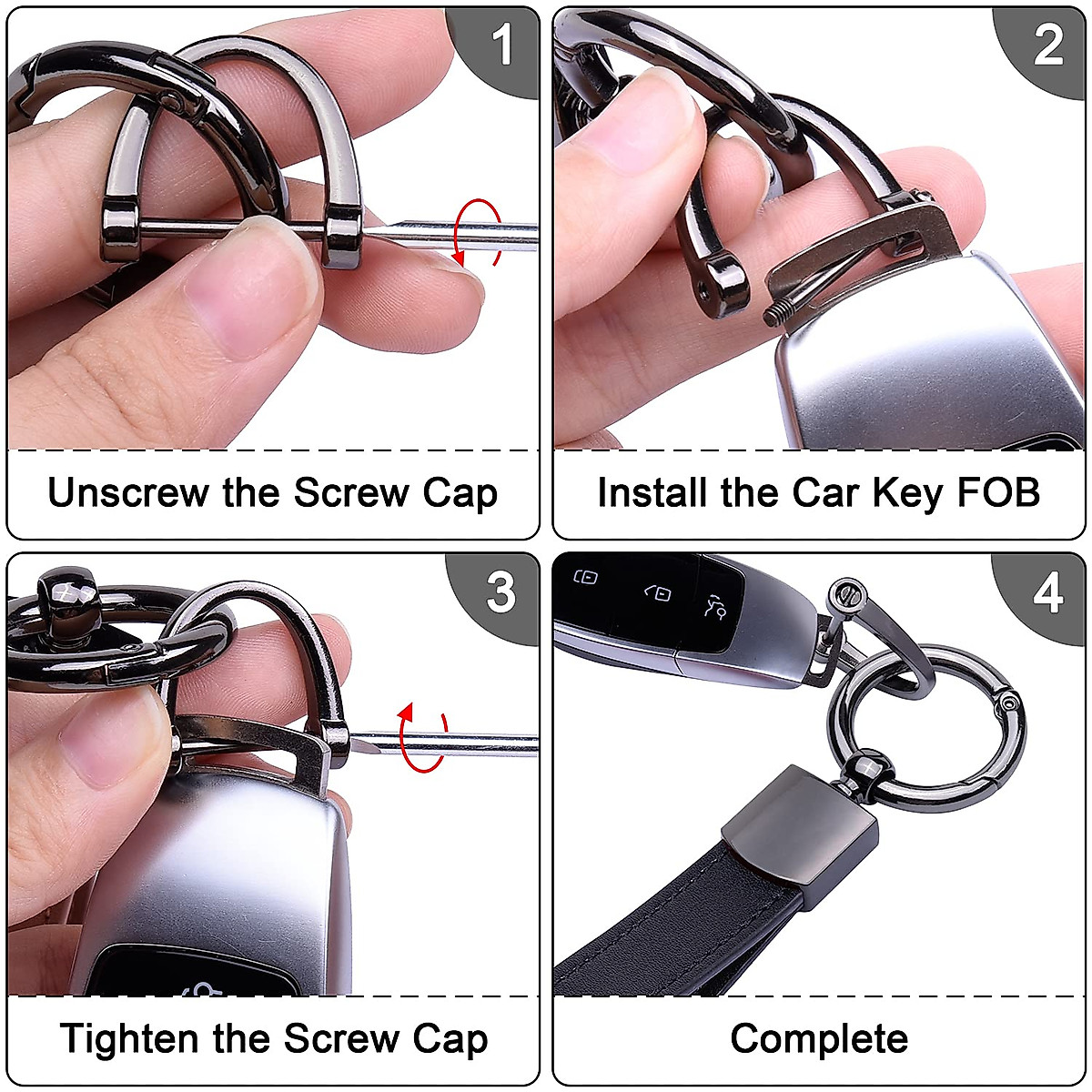 Wisdompro Genuine Leather Car Keychain, Universal Key Fob Keychain Leather Key Chain Holder for Men and Women, 360 Degree Rotatable, with Anti-lost D-ring, 3 Keyrings and 1 Screwdriver - Black