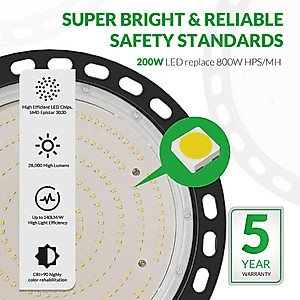 200W UFO LED High Bay Light 2PCS, 28000 LM with US Plug 5ft Cable, 5000K, Commercial Industrial Warehouse Shop Factory Barn Garage Area Lighting Fixture, Non-Dim