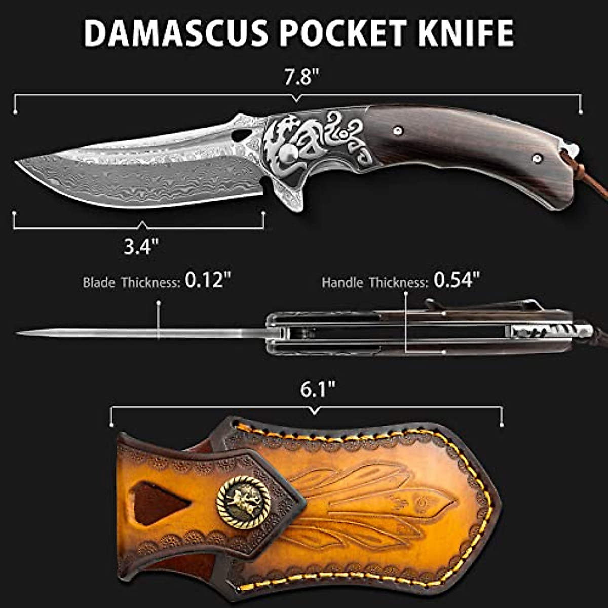 LOTHAR Damascus Pocket Knife for Men, Handmade Forged VG10 Damascus Folding Knife with Clip and Retro Leather Sheath, Men Gifts for Birthday, Anniversaries, Christmas Stocking Stuffers for Men (Black Sandalwood)