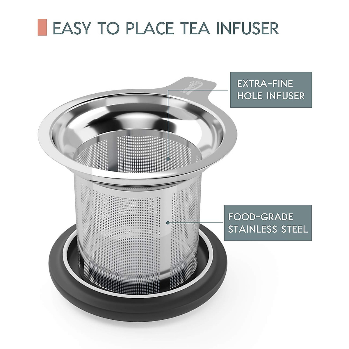 immaculife Tea Cup with Infuser and Lid Ceramic Tea Mug with Lid Teaware with Filter 16oz, Black Floral Print