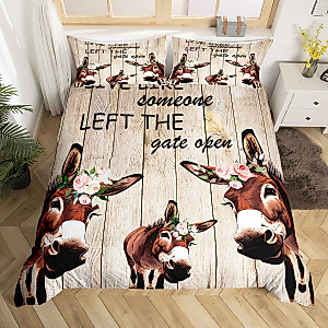 Manfei Kids Donkey Duvet Cover Set Twin Size, Floral Animal Theme Comforter Cover with 1 Pillowcase, Rustic Farmhouse Bedding Set 2pcs for Boys Girls Bedroom Decor Grey Wooden Board Bedspread Cover
