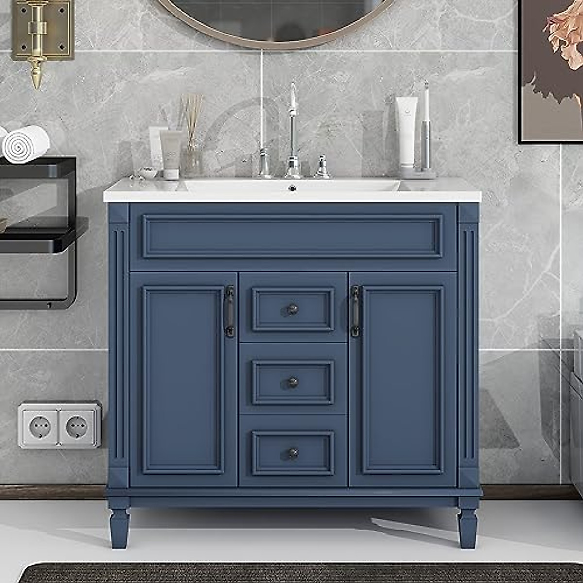Aiuyesuo 36'' Modern Bathroom Vanity, Royal Blue Mirror Combo Stand Cabinet, Modern Bathroom Storage Cabinet with 2 Soft Closing Doors and 2 Drawers, Single Sink Bathroom Vanity