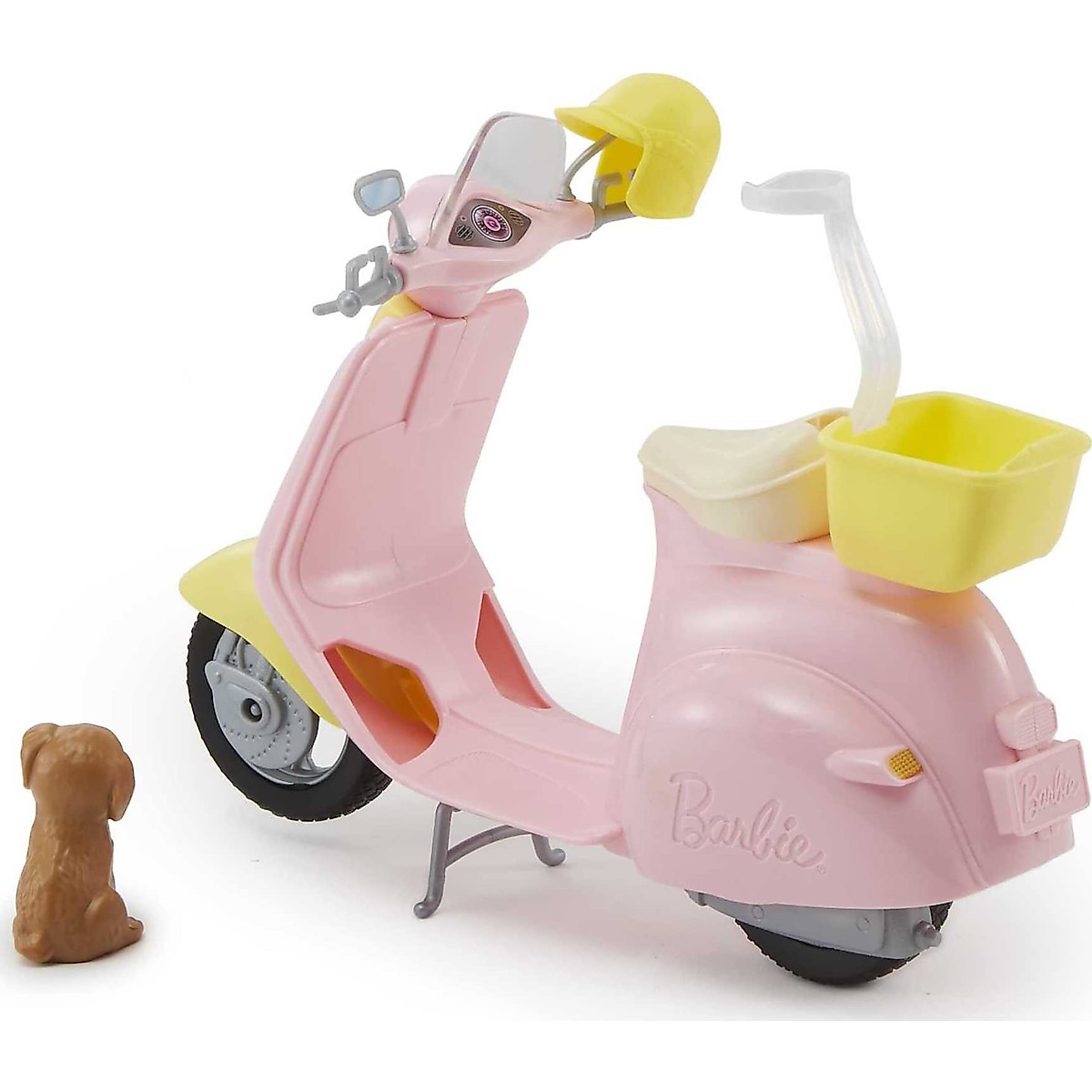 Barbie Toy Scooter with Puppy & Helmet Accessory, Pink & Yellow Moped with Basket, Kickstand & Seat Clip for Doll