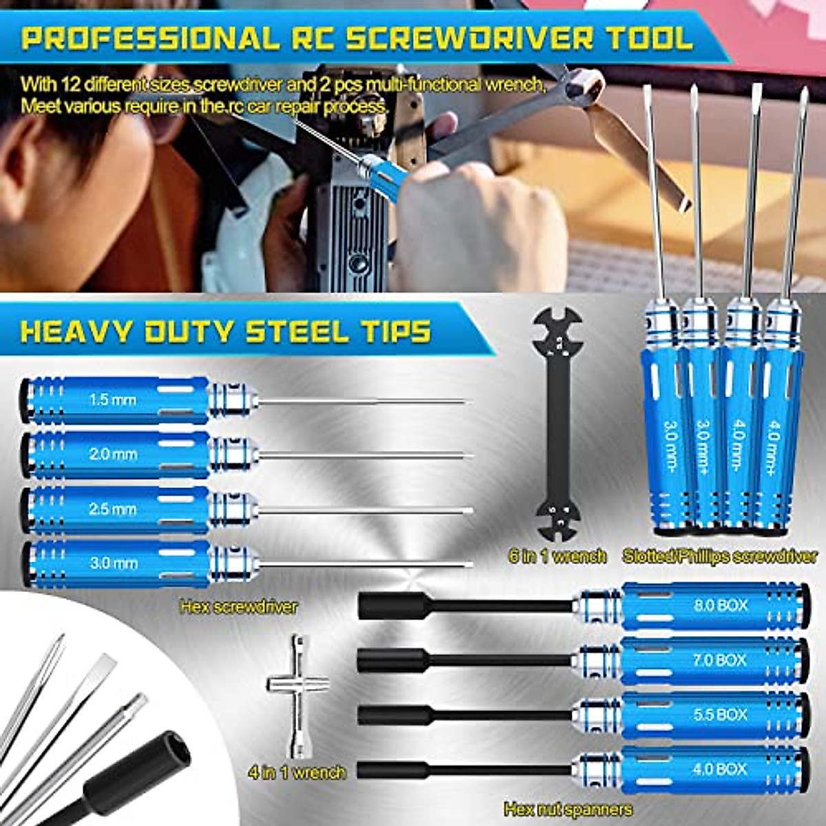 RC Car Tool Kit w/Hex Nut Screwdriver Set, Pliers,Wrench,Stand Full Set RC Repair Tools Compatible with Traxxas Slash Arrma RC Cars Models Drone Helicopter