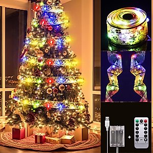 Lecone Christmas Tree Decorations, 2 Pack Christmas Ribbon Lights 40Ft 120 LED Copper Wire Fairy Lights with 8 Modes & Timer, USB or Battery Operated Christmas Lights for Tree Indoor (Colored Light)