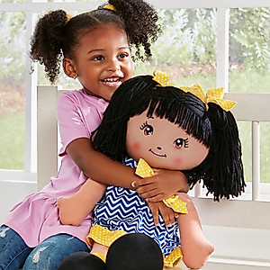 LOVE & HUG 17" African American Black Doll | Stuffed Soft Plush Doll with Blue Dress and Soft Yarn Hair for Kids and Toddlers to Love and Hug | Gift for Birthday, Christmas