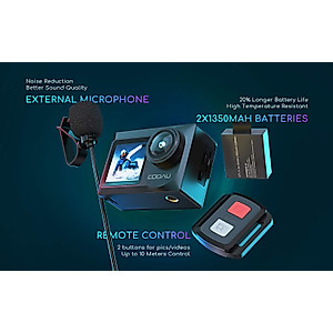 COOAU Sports Action Camera Dual Screen Ultra HD 4K 60FPS 20MP WiFi EIS Touchscreen External Microphone Remote Control Underwater 131 Feet Waterproof Helmet Vlogging Camera with 2x1350mAh Batteries.