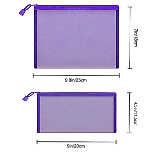 Sinzip 12 Pieces Zipper Nylon Mesh Pouch, Mesh Cosmetic Bags Makeup Bags Pencil Case, Multipurpose Travel Bags for Cosmetic School Office Supplies and Travel Accessories (Purple, A5+B6)