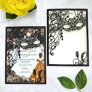 JOACHUUY 20PCS Masquerade Invitation SVG, DXF, PNG, Quinceanera Invitations,pocket invitation with envelops for xv,16 birthday,bridal shower. (glitter black)