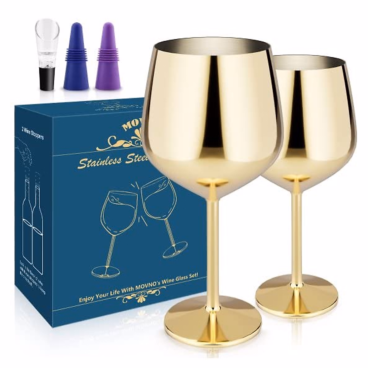 Stainless Steel Wine Glass Set of 2, 18oz Gold Wine Glass, Unbreakable Metal Wine Glasses with Wine Stoppers and Pourer, Stemmed Wine Goblet Perfect Gifts for Travel Outdoor Party