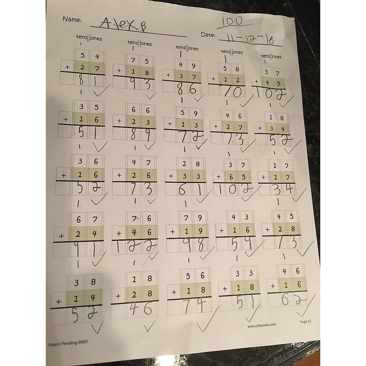 Channie’s One Page A Day Workbook, Double Digit Math Practice Worksheets, Total 100 Pages Front & Back (50 Sheets) in 2-Pack Set, Grades 1st, 2nd & 3rd, Size 8.5” x 11” (2 Pack)