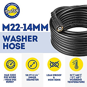 TOOLCY Pressure Washer Extension Hose, 50 ft Kink Resistant Power Washer Hose for Replacement, with Extension Coupler, 3300 PSI, 1/4" inch, M22-14mm Fittings