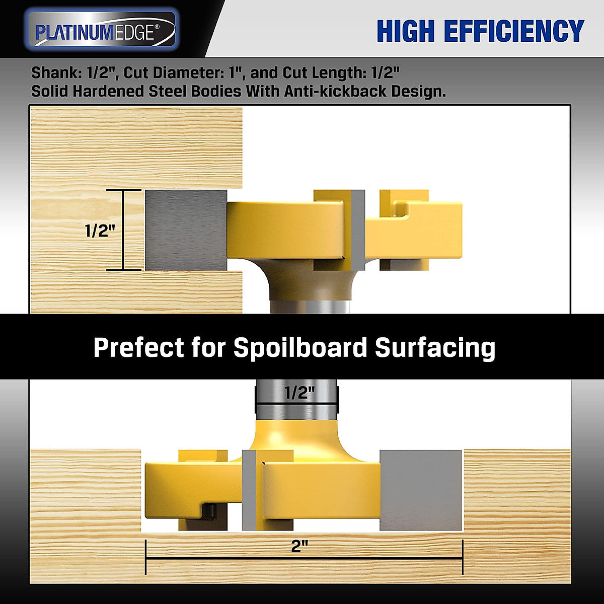 PLATINUMEDGE CNC Spoilboard Surfacing Router Bit, Slab Flattening Route Bit, 1/2 inch Shank 2 inch Cutting Diameter, 3 Carbide Cutting Wings, Router Bit for Planing Wood