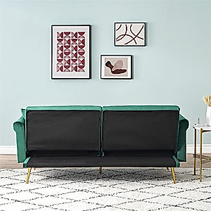 PBOGHLRD Convertible Velvet Loveseat Sofa, Upholstered Nail Head Futon Sofa Bed with Two Pillows, Modern Sleeper Couch Bed for Living Room, Bedroom, Home Office (Green)