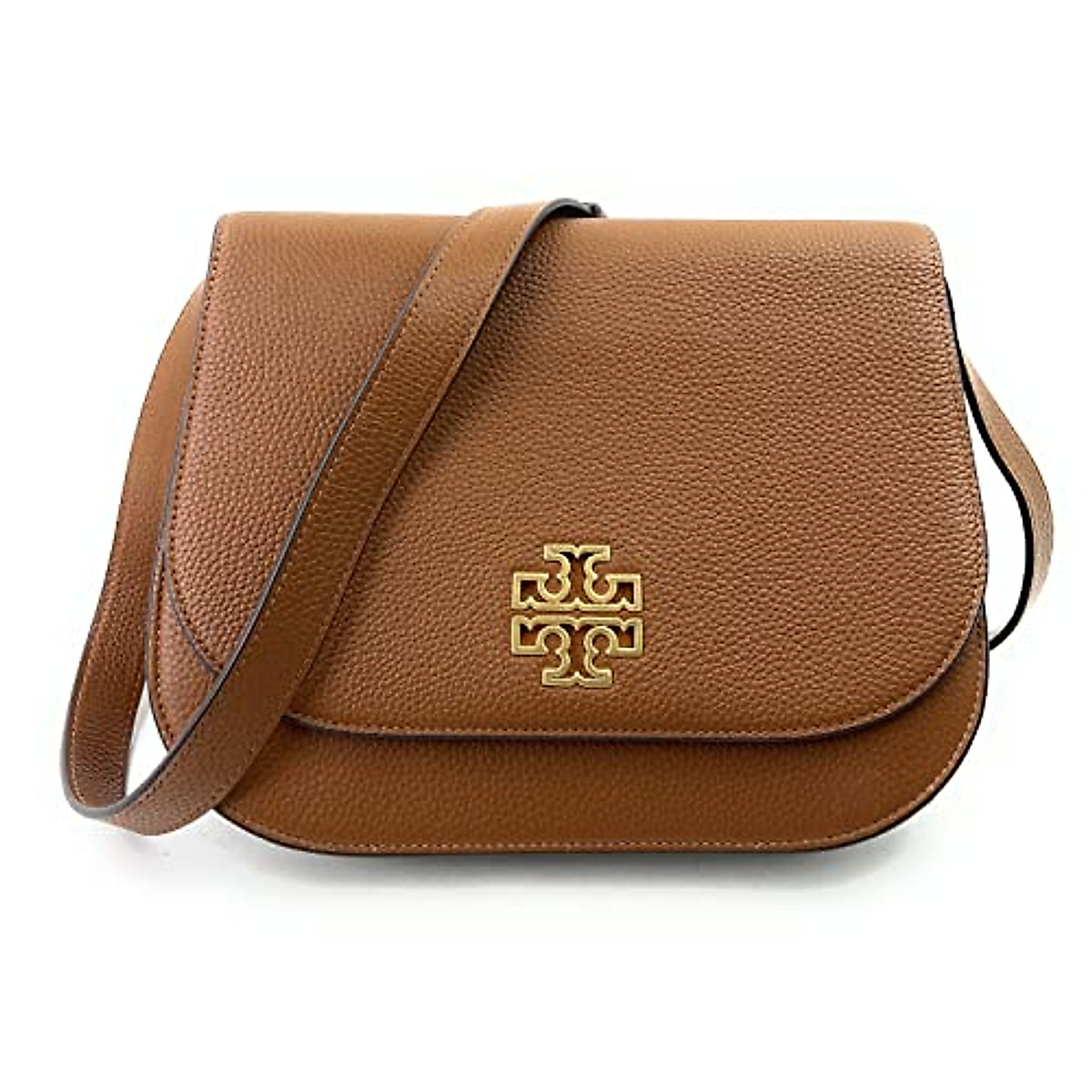 Tory Burch Britten Pebbled Leather Saddle Bag (Moose) With Gold Tone Hardware